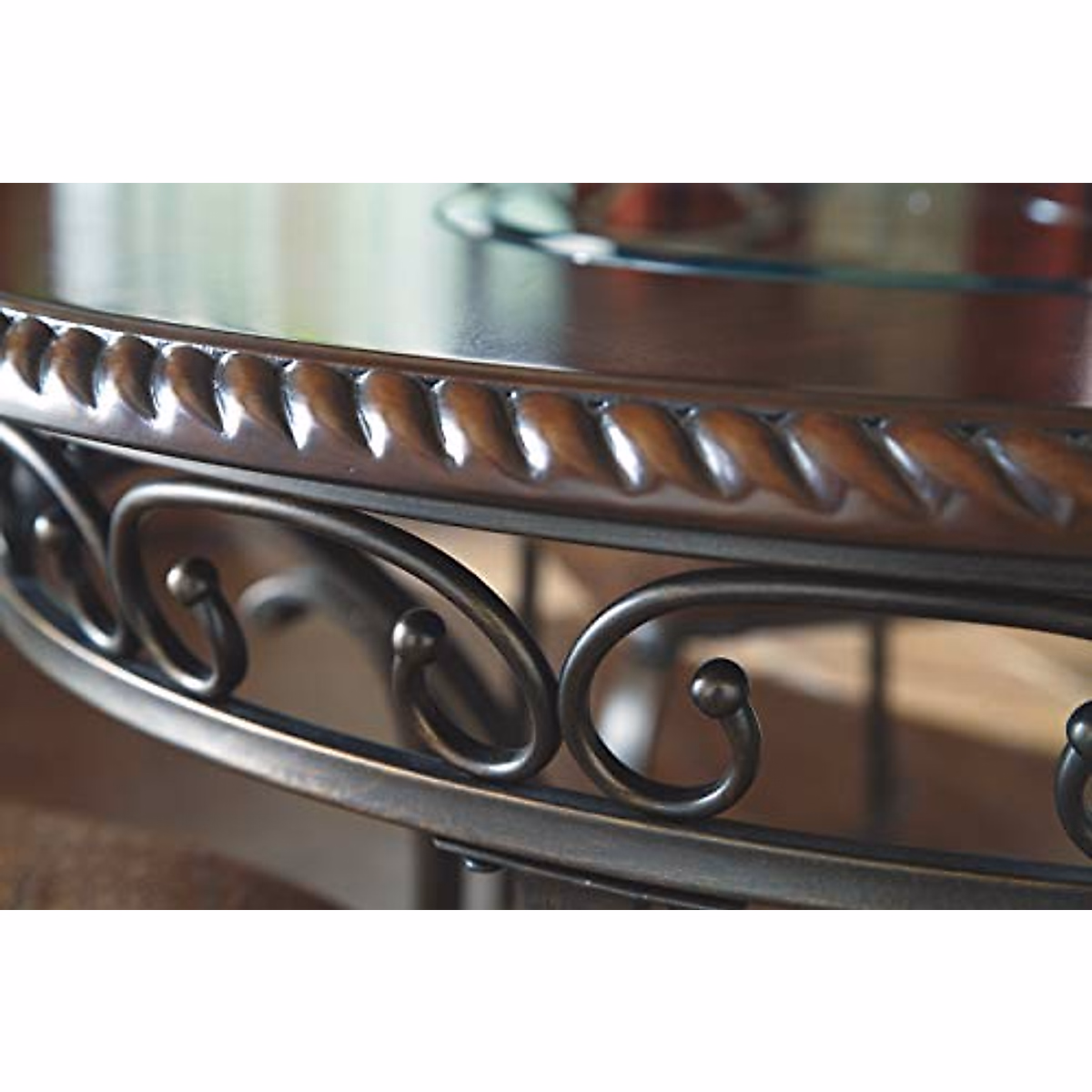 Signature Design by Ashley Glambrey Old World 45" Round Glass Top Dining Table, Brown