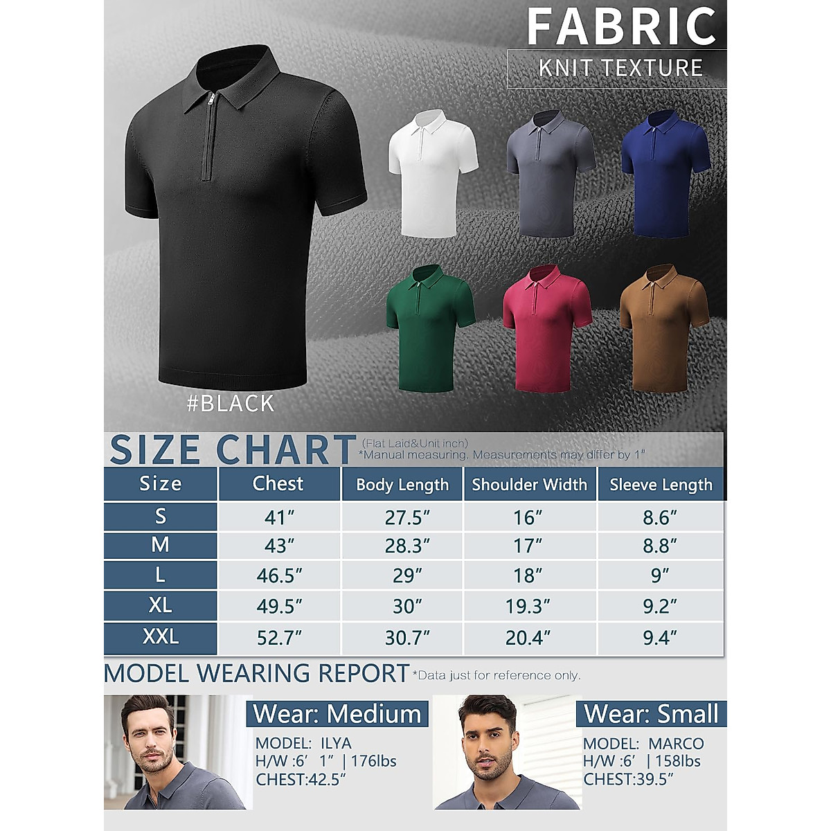 RQP Mens Zipper Polo Shirts Knit Wrinkle Free Casual Shirts Short/Long Sleeve,Stretch Fit Golf Shirts,Soft pullove，Black XL