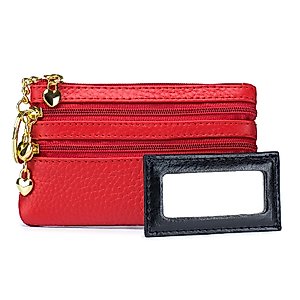 imeetu Genuine Leather Coin Purse Keychain for Women, Small Change Purse for Coins, Coin Pouch Wallet with 4 Zippered Pockets, a Mini Mirror (Barbie Red)