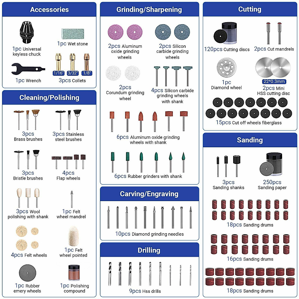 APEXFORGE M0 & M0 Plus Rotary Tool Accessories Kit, 357Pcs + 519Pcs Accessories, Keyless Chuck, 1/8" Diameter Shanks, Universal Fitment for Easy Cutting, Sanding, Grinding, Carving, Drilling, Engravin
