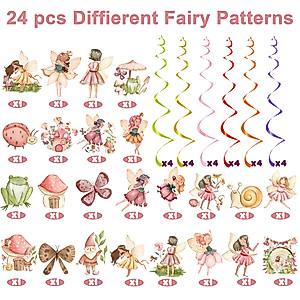 Fairy Party Hanging Swirls Ceiling Decor - NO DIY, 24 Pcs Wonderland Garden Fairy Mushroom Frog Gnome Insect Hanging Decor, Perfect for Whimsical Birthday Baby Shower Celebration Decorations