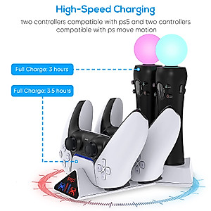Charger Station for PS Move Motion and for PS5 Controller, 4 in 1 Charger Dock Stand USB Fast Charging Station with LED Indicator for PS Move Controller and for DualSense Controller