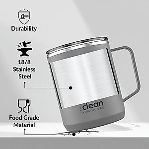 The Clean Hydration Company Insulated Coffee tumbler | Travel coffee mug | Ceramic Lined Tumbler | Iced Coffee Tumbler Cup with Lid | Double Wall Vacuum (Gray, Mug 12oz)