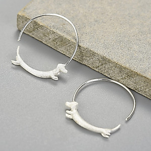 Lotus Fun S925 Sterling Silver Hoop Earrings Lovely Flying Dachshund Dog Big Round Hoop Earrings for Women (Sliver)
