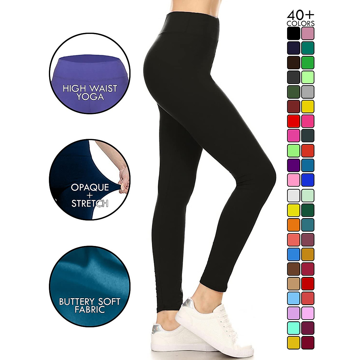 Leggings Depot Women's 3" Waistband Yoga High Waisted Solid Leggings Pants (Full Length, Black, One Size)