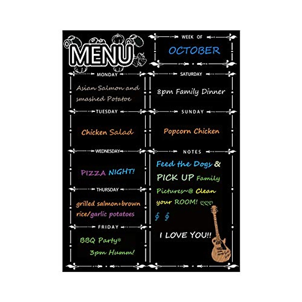 Magnetic Menu Board for Fridge, LiebHome Dry Erase Weekly Menu Planner/Family Calendar 16" x 12" with Grocery List and Notes (Black with 8 Markers)