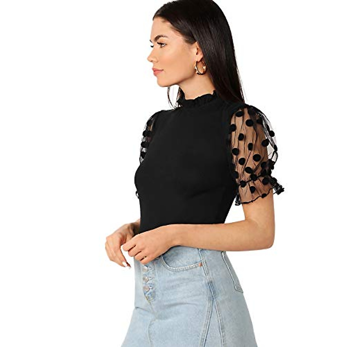 Romwe Women's Summer Short Sleeve Mock Neck Casual Blouse Tops Mesh Black Small