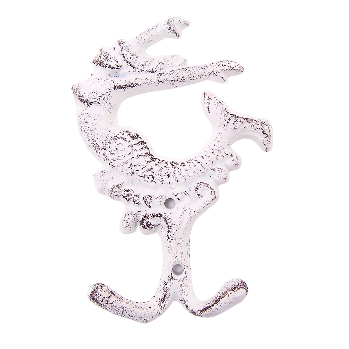 Wowser White Distressed Mermaid Cast Iron Double Wall Hooks, Nautically Themed Wall Décor, Set of 3, 5.5 Inches