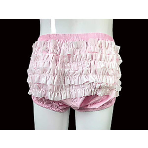 Haian Adult Frilly Plastic Rumba Incontinence Pull-on Plastic Pants with White PVC Frilly (Medium, Baby Pink)