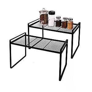 Ymeibe 2 Pack Cabinet Shelf Mesh Storage Organizer Stackable Countertop Racks for Kitchen Pantry Cupboard Under Sink Office Table Coated Heavy Duty Metal Frame Nonslip L16 W8.3 H9.5 (Black)