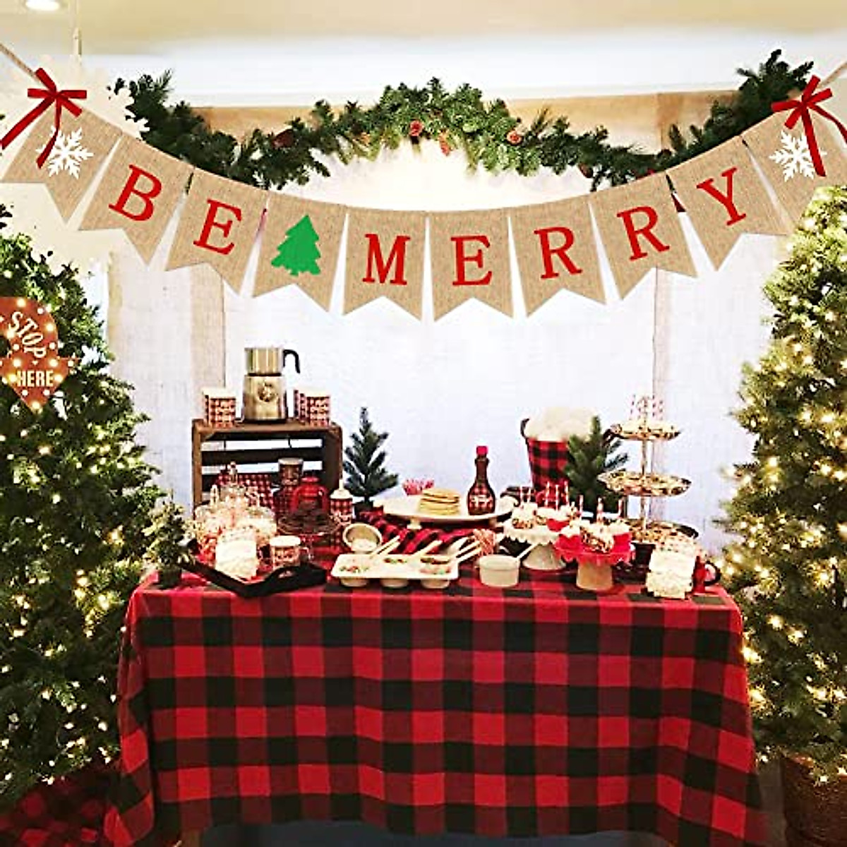 Be Merry Burlap Banner Christmas Decorations | Rustic Christmas Tree Snowflake Sign Burlap Garland | Christmas Decor for Mantle Fireplace Xmas Holiday Party Supplies | Outdoor Indoor Hanging Decor