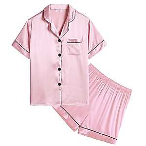 SWOMOG Kids Satin Pajamas Sets Girls Boys Button-Down Pjs Short Sleeve Silk Nightwear 2 Piece Lounge Sets Pink