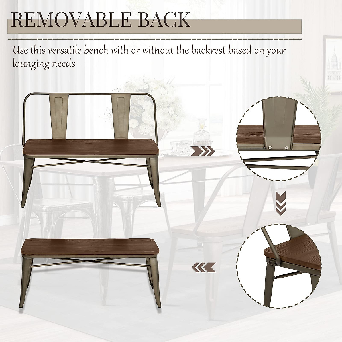 YOLENY EROMMY Metal Bench Industrial Mid-Century 2 Person Chair with Wood Seat,Dining Bench with Floor Protector Copper AZ1006