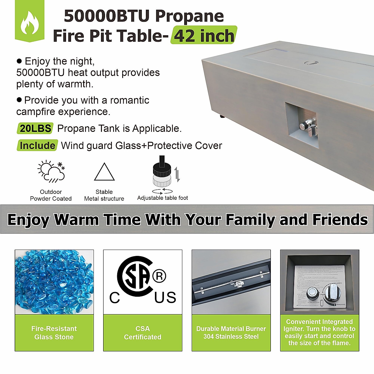 SUNPEAK Patio Furniture Set Outdoor Furniture Sectional Couch Fire Pit Table and Chairs Set with Propane Firepit (Light Brown Wicker, 9 pcs/42‘’ Rectangular Fire Pit)