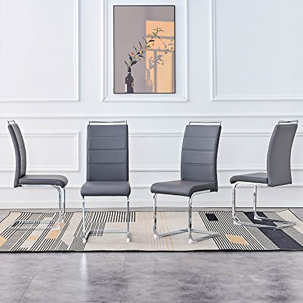 FATFISH Modern Dining Chairs, PU Faux Leather High Back Upholstered Side Chair Transverse Stripe Backrest Design for Dining Room Kitchen Vanity Patio Club Guest Office Chair (Set of 4) (Gray+PU)