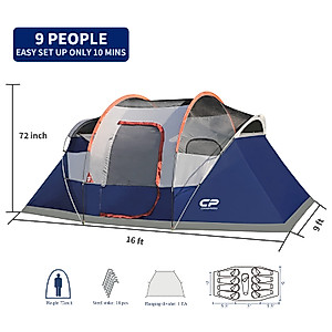 CAMPROS CP Tent 9 Person Camping Tents, Waterproof Windproof Family Tent with Top Rainfly, 4 Large Mesh Windows, Room Divider, Easy Set Up, Portable with Carry Bag - Blue
