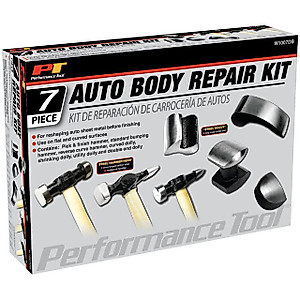 Performance Tool W1007DB 7-Piece Auto Body Repair Kit with Carbon Steel Hammer Heads and Dollies on Wood Handles