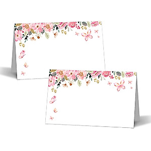 Butterfly Table Place Cards - 25PCS Tent Cards - Blush Pink Floral Butterfly Themed Food Lables - Name Place Cards for Table Setting - Name Cards for Birthday Party Baby Shower - Scored for Easy