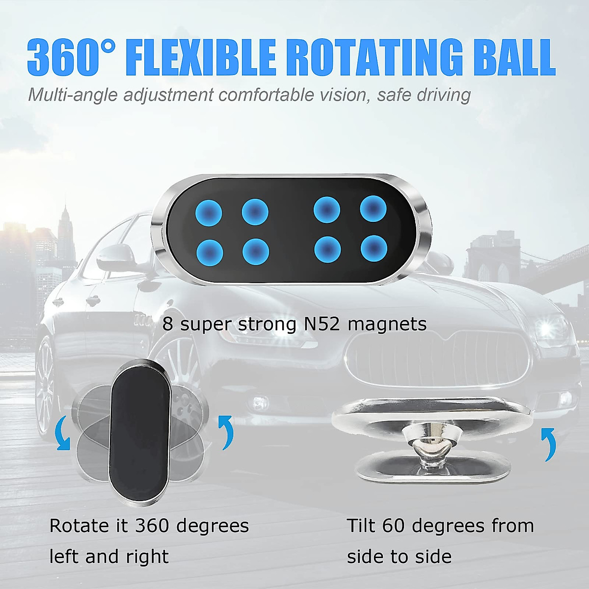 2Pcs Car Magnetic Phone Holder, 360 Degrees Rotation Magnetic Phone Mount, Never Block View, Ultra Magnetic Flex Car Phone Holder, Dashboard Car Mount Compatible All Smart Phones(Silver)