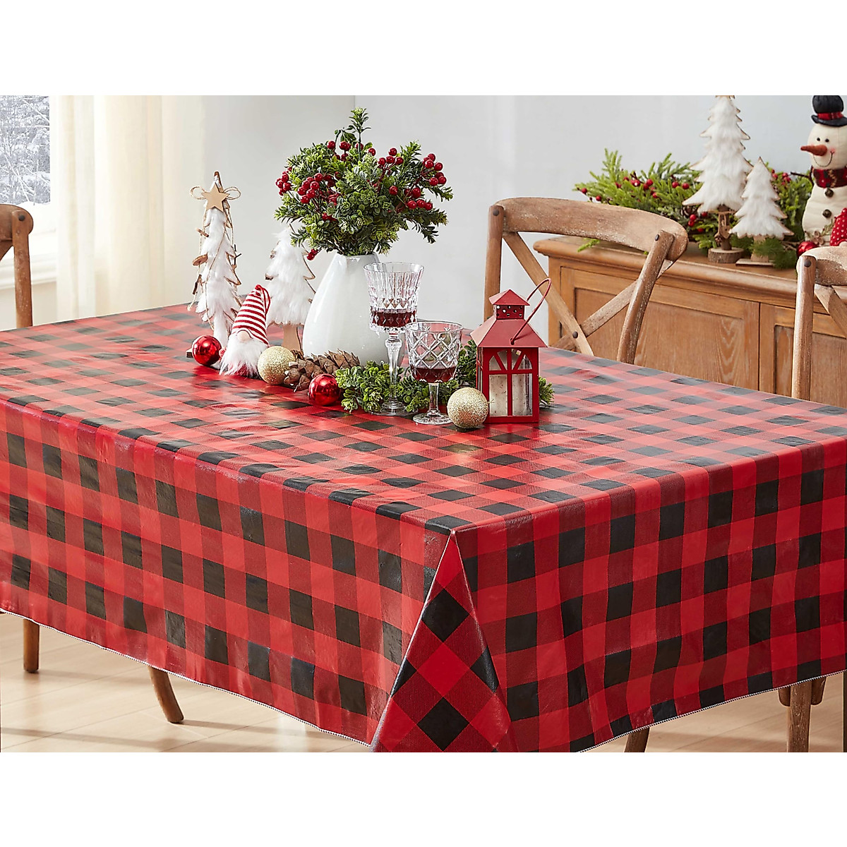 Newbridge Holiday Red and Black Buffalo Plaid Christmas Print Vinyl Flannel Backed Tablecloth, Country Rustic Red Black Cottage Check Xmas Wipe Clean Tablecloth, 60 Inch x 84 Inch Oblong/Rectangle