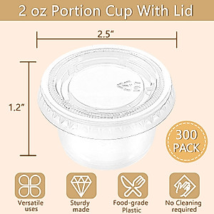 Loppdece [300 Sets - 2 oz Jello Shot Cups,Small Portion Cups with Lids,Airtight and Stackable Disposable Condiment Cups,Clear Plastic Containers with Lids for Salad Dressing Dipping Sauce Condiment