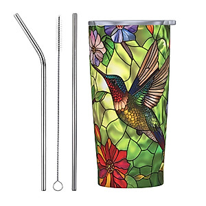 20 Oz Tumbler with Lid and Straw, Stained Glass Hummingbird Art Insulated Tumbler Stainless Steel Cups, Personalized Coffee Tumbler Travel Mug Water Bottle