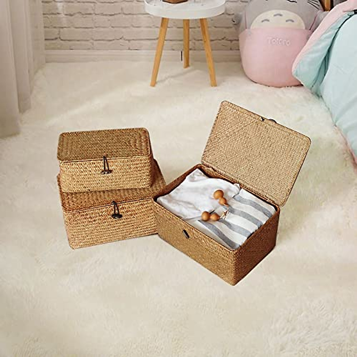 Esoes Wicker Storage Basket Woven Rattan Storage Box With Lids Seagrass Laundry Baskets Makeup Organizer For Bathroom, Living Room, Kitchen (L)