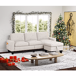 Yattem Convertible Sectional Sofa Couch：Modern L-Shaped Sofa Couches with Reversible Storage Ottoman & Side Storage Pockets - 3-Seat Beige Linen Sofa Couch for Living Room/Apartment/Studio/Small Space