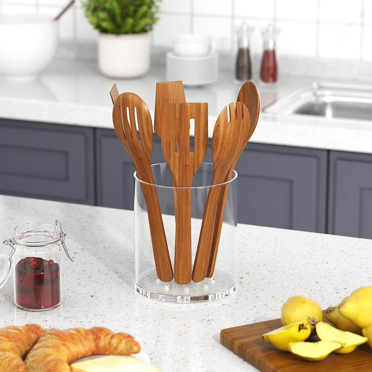 NIUBEE Kitchen Utensil Holder,Clear Acrylic Countertop Utensil Crock,Large and Sturdy Cooking Utensil Holders Caddy Organizer For Home Decor (7 x 5.8 inch)