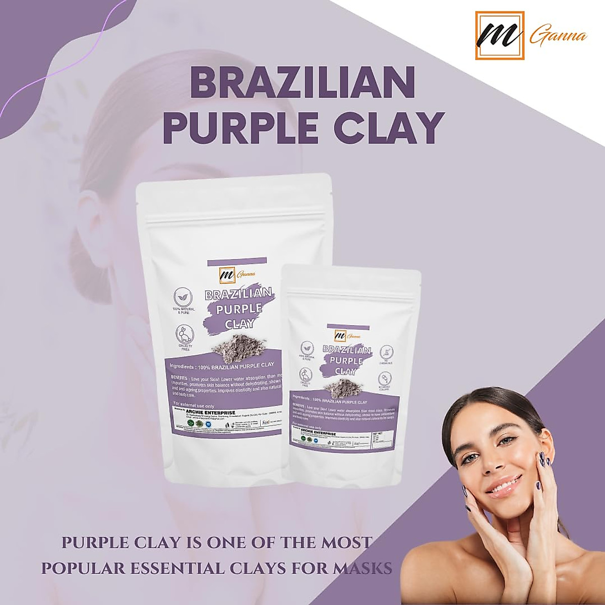 mGanna 100% Natural Brazilian Purple Clay Powder for Face packs, Creams and Soaps and other Cosmetic Formulations 0.5 lbs / 227 gms