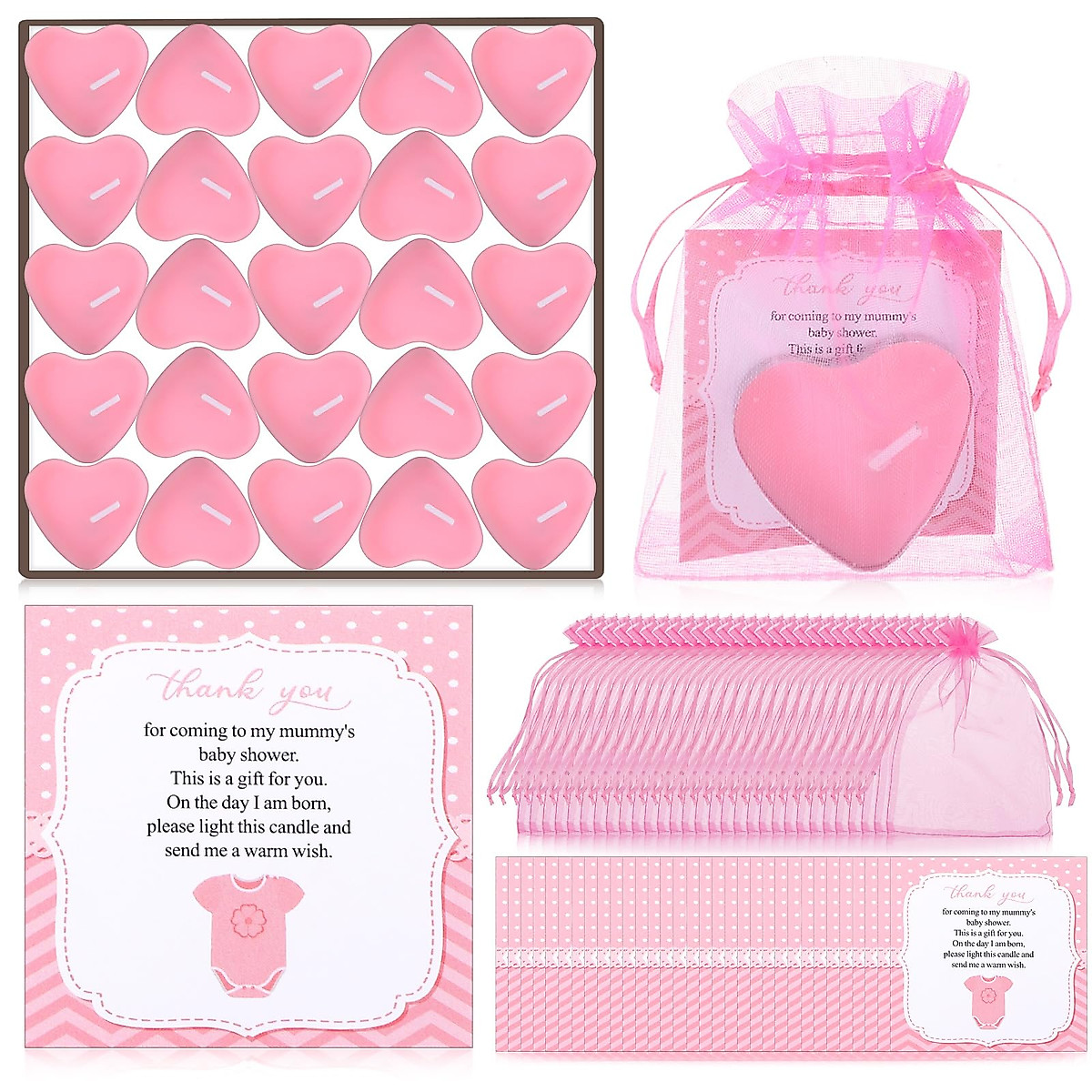Threlaco 50 Sets Baby Shower Favors Include 50 Pcs Valentine's Day Heart Shaped Tealight for Guests Baby Shower Candles Tealight with 50 Pcs Thank Cards and 100 Pcs Gift Bags for Gender Reveal (Pink)