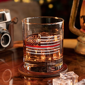 Thin Red Line Fire Fighter American Flag - Old Fashioned Whiskey Rocks Bourbon Glass - 10 oz capacity
