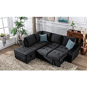 L-Shaped Corner Sleeper Sectional Sofa W/ Pull Out Cozy Sleep Couch Bed, Modern Practical Sectional & Sofa with Storage Ottoman ,Hidden Arm Storage and USB Charge for Home Apartment Living Room Sets