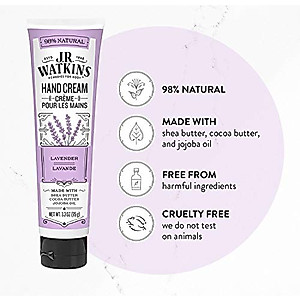 J.R. Watkins Natural Moisturizing Hand Cream, Hydrating Hand Moisturizer with Shea Butter, Cocoa Butter, and Avocado Oil, USA Made and Cruelty Free, 3.3oz, Lavender, Single