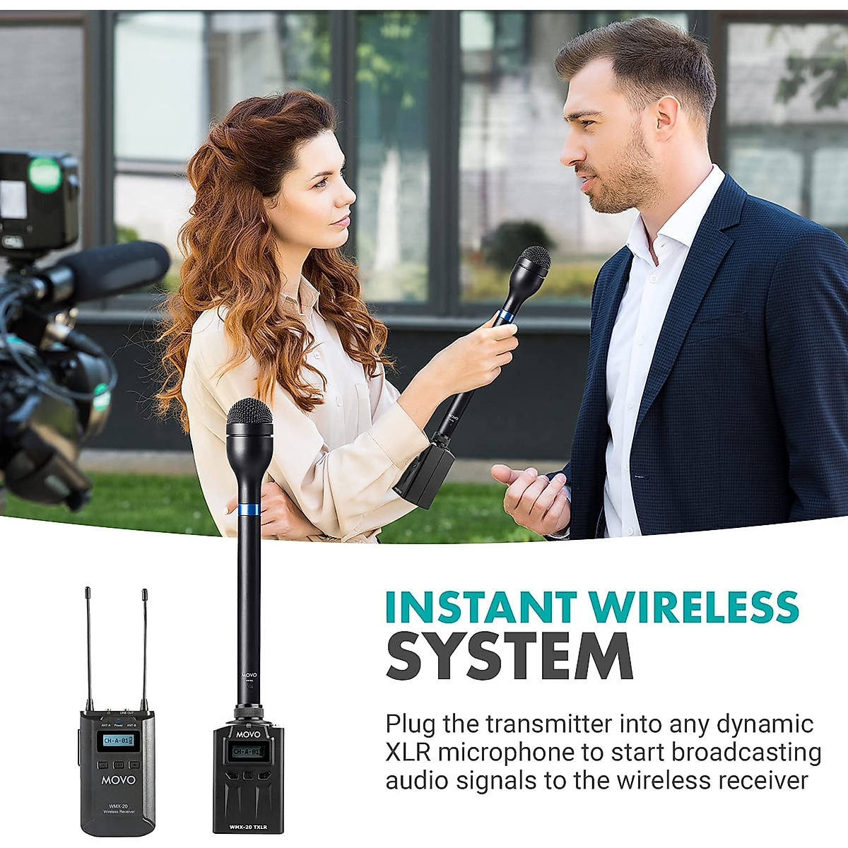 Movo WMX-20-RX-TXLR Wireless Microphone System with Plug-on XLR Transmitter Adapter and Portable Receiver - Converts Self Powered Shotgun Mics, Lavs, Dynamic Microphones to Wireless - for Stage, Film