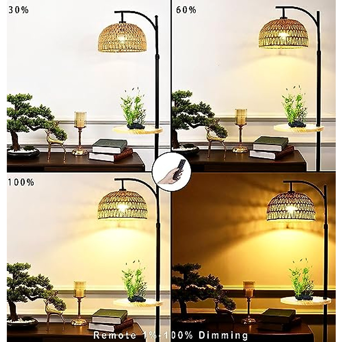 QIYIZM Floor Lamp for Living Room Bedroom with Table Shelves,Rattan Boho Arc Floor Lamps with Remote Dimmable Farmhouse Wood Shelf Attached Standing Lamp Wicker Bamboo Tall Lamp Floor Light Bohemian