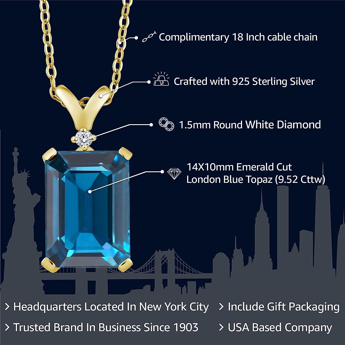 Gem Stone King 18K Yellow Gold Plated Silver London Blue Topaz and White Diamond Pendant Necklace For Women (9.52 Cttw, Gemstone Birthstone, with 18 Inch Chain)