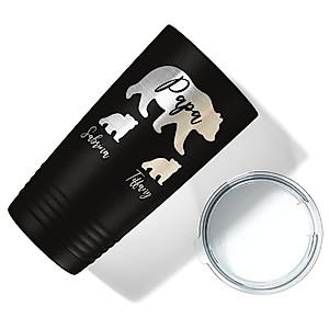 Papa Bear Tumbler Personalized Engraved Cubs on Black Matte 20 oz Custom Insulated Stainless Steel Cup with Lid for Dad Father Gift