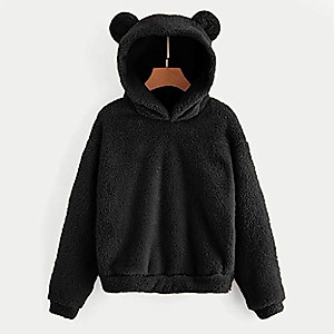 Womens Casual Hooded Sweatshirt Loose Drawstring Pullover Hoodies Long Sleeve Solid Bear Ear Sweatshirt Tops