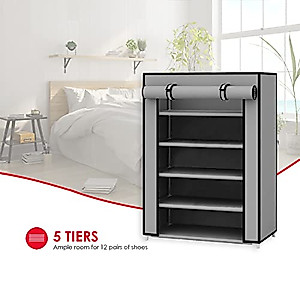 Sunbeam Multipurpose Portable Wardrobe Storage Closet For Shoes and Clothing 5 Tier/Fits 15 Pairs of Shoes Heavy Duty Non Woven Material Gray With Roll Down Cover (Grey)