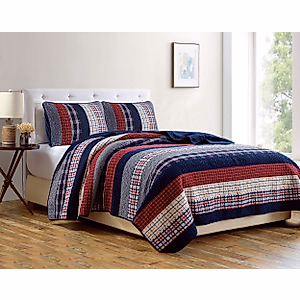 Chezmoi Collection Milton 3-Piece Plaid Checkered Patchwork Striped Quilted 100% Washed Cotton Reversible Bedspread Quilt Set, Queen