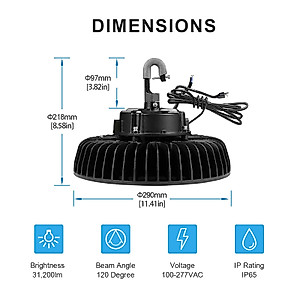 KOTLIN LED High Bay Light 240W 33,600LM 1-10V Dimmable 5000K UFO Garage LED Light 5' Cable with US Plug Hanging Hook Safe Rope 100-277V LED Shop Lights for Garage, Barn, Workshop, Warehouse, Factory
