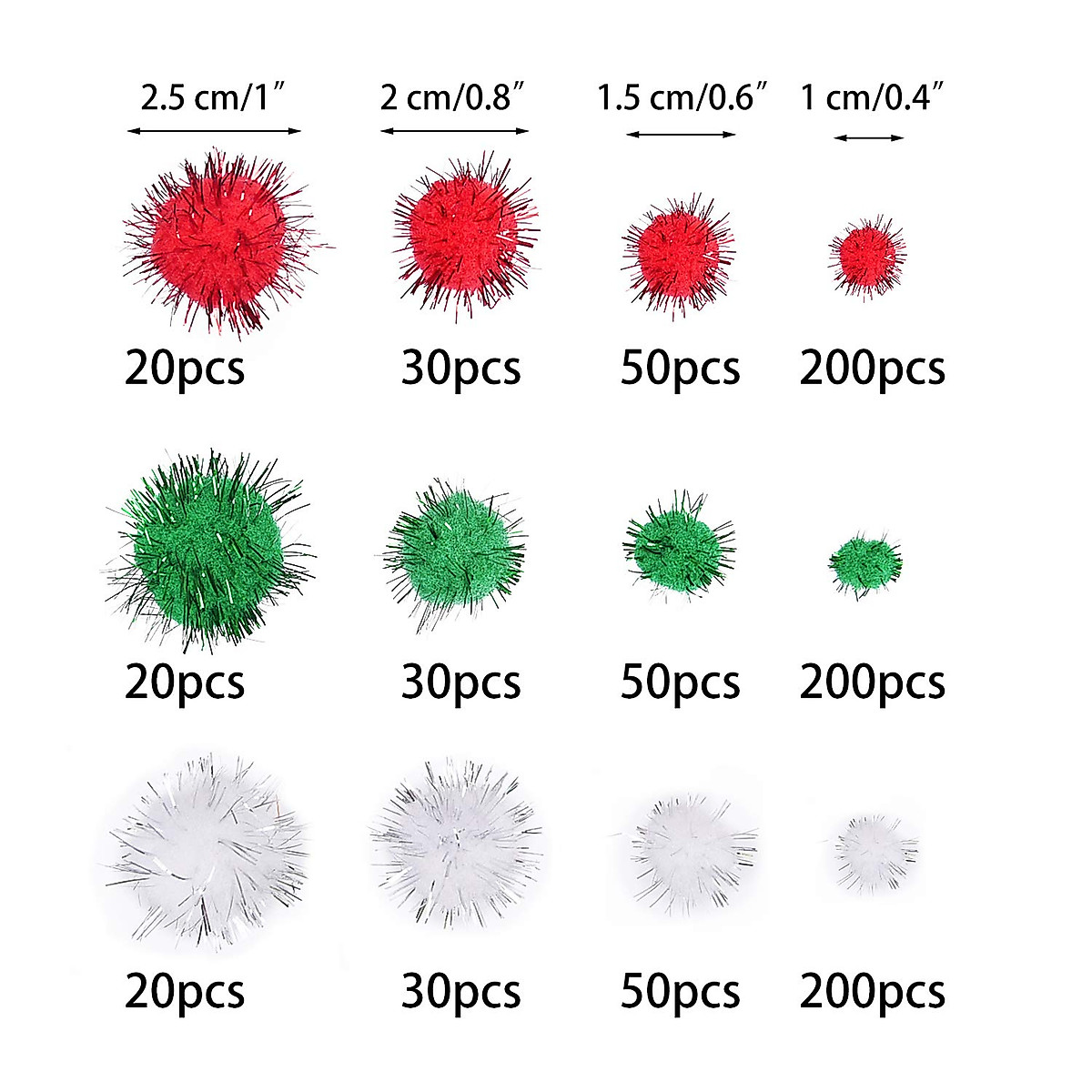 Livder Christmas Pom Poms Pompoms Red Green White Glitter Fluffy Balls, DIY Art Crafts Decorations Supplies (4 Sizes, 900 Pieces)