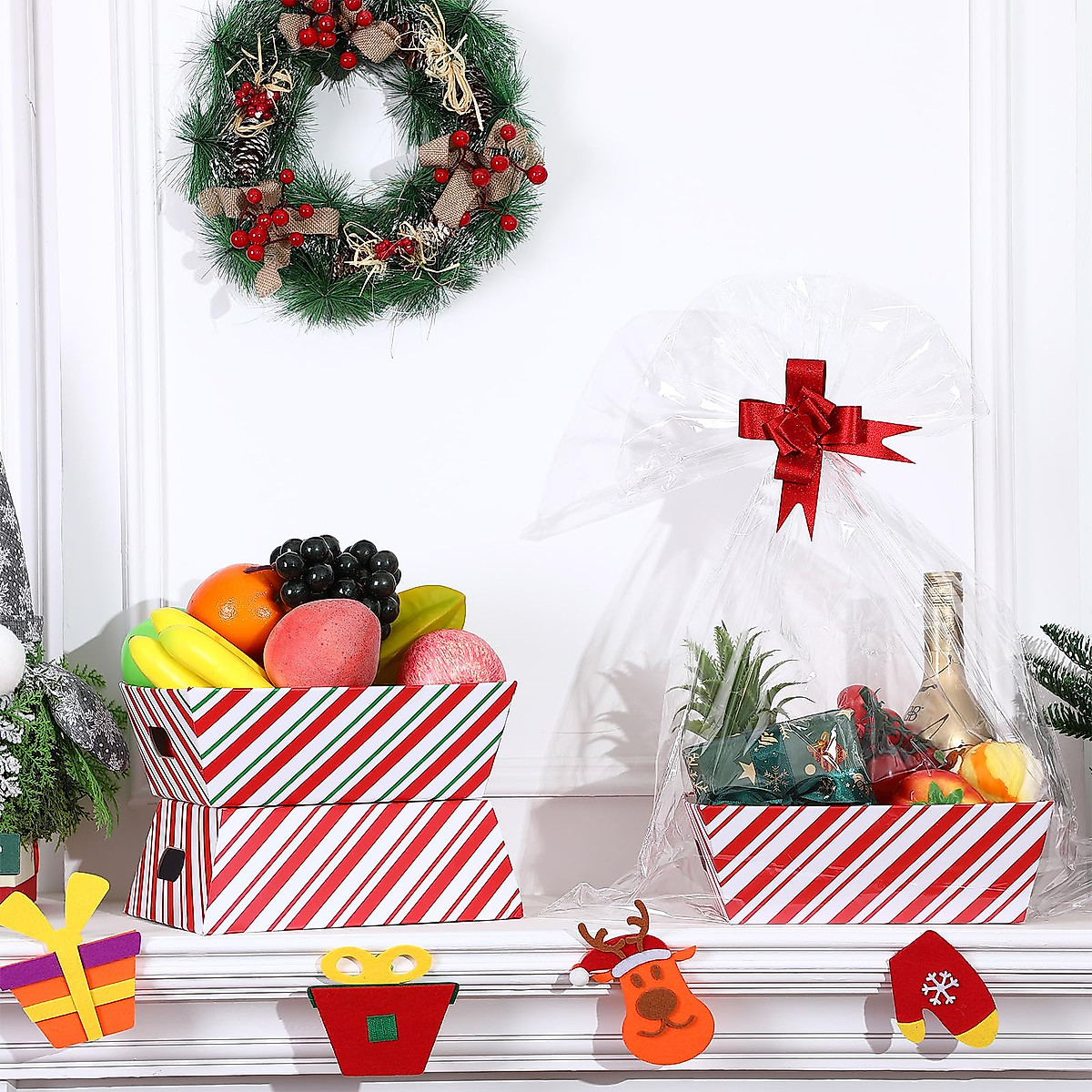 12 Pcs Christmas Basket For Gifts Empty Kit 9.8 x 8.3'' Red Green Candy Stripes Cardboard Basket to Fill Bulk with Handle Shrink Wrap Bags, Pull Bow, Raffle Gift for Holiday Xmas Decorations