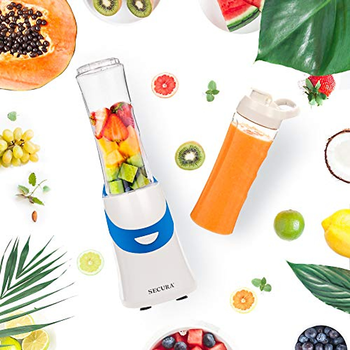 Secura 300W Personal Blender for Shakes and Smoothies | Stainless Blade | 2 (20 oz) Single Serving Bottles with Travel Lids