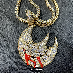 ICEDIAMOND Shiny CZ Simulated Diamond Grinning Crescent Moon Necklace, Iced Out Zircon Gothic New Moon Pendant, Gold Plated Hip Hop Charm Jewelry for Men (Gold)