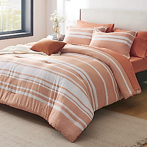 Bedsure Bed in a Bag Queen Size 7 Pieces, Burnt Orange White Striped Bedding Comforter Sets All Season Bed Set, 2 Pillow Shams, Flat Sheet, Fitted Sheet and 2 Pillowcases
