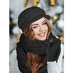 URATOT 3 Pieces Winter Beanie Hat with Brim Scarf Glove Warm Cap with Visor Knitted Touch Screen Glove Gifts for Women
