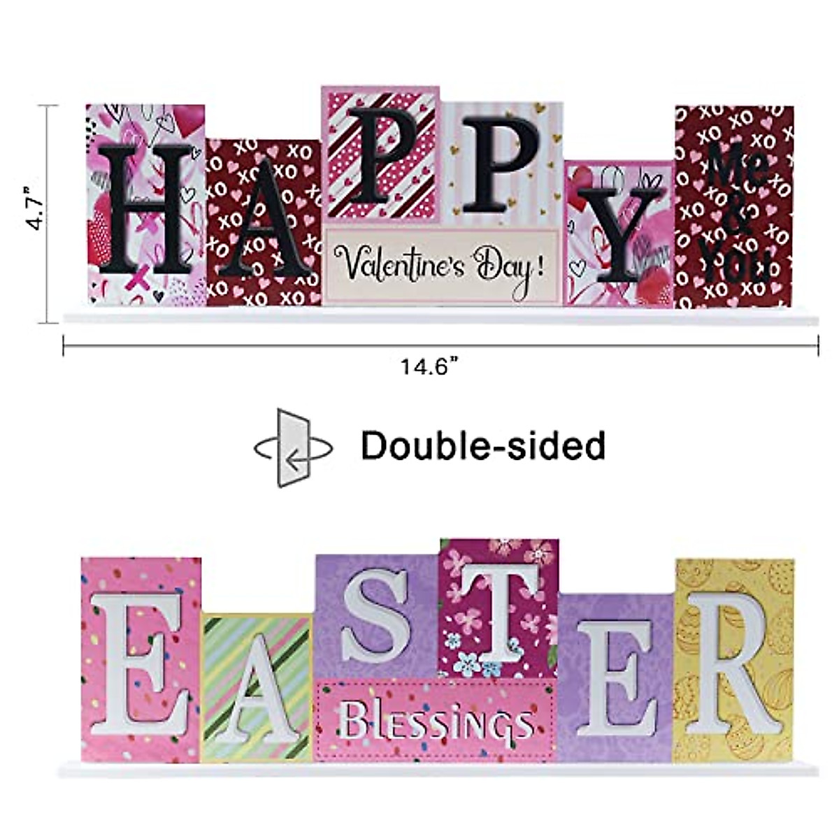 Easter Decorations, DECSPAS Double Sided Wooden Sign Valentines Easter Decor, Decorative Wood Block Set Easter Decorations for the Home, Living Room, Mantle, Dining Table, Office