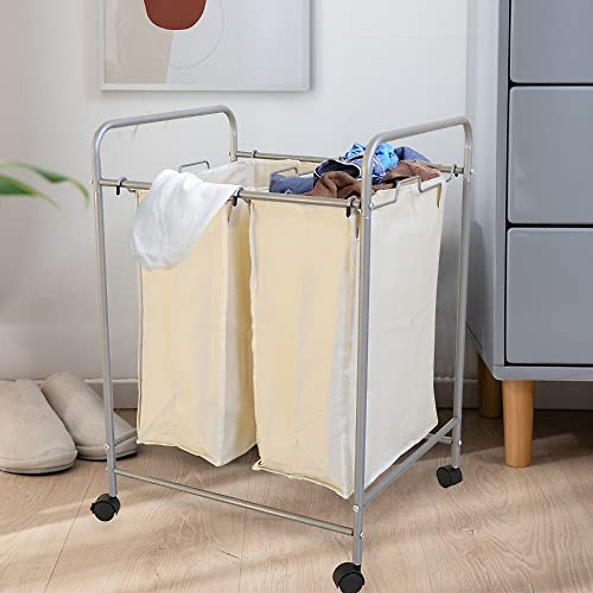 Laundry Sorter 2 Bag Laundry Hamper Cart with Rolling Lockable Wheels and Removable Bags Laundry Organizer Cart for Clothes Storage
